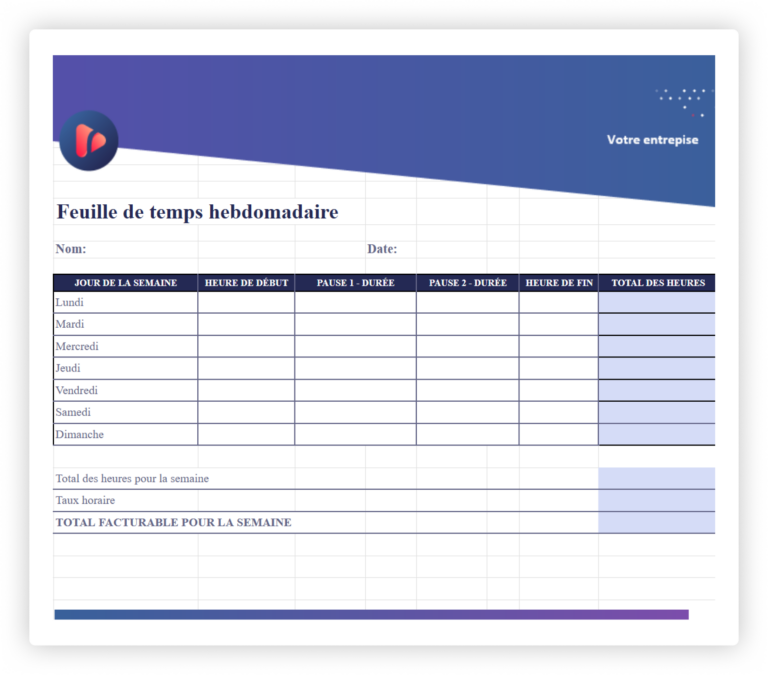 Feuille d'Heure Vierge à Imprimer ou à Télécharger (Gratuite)