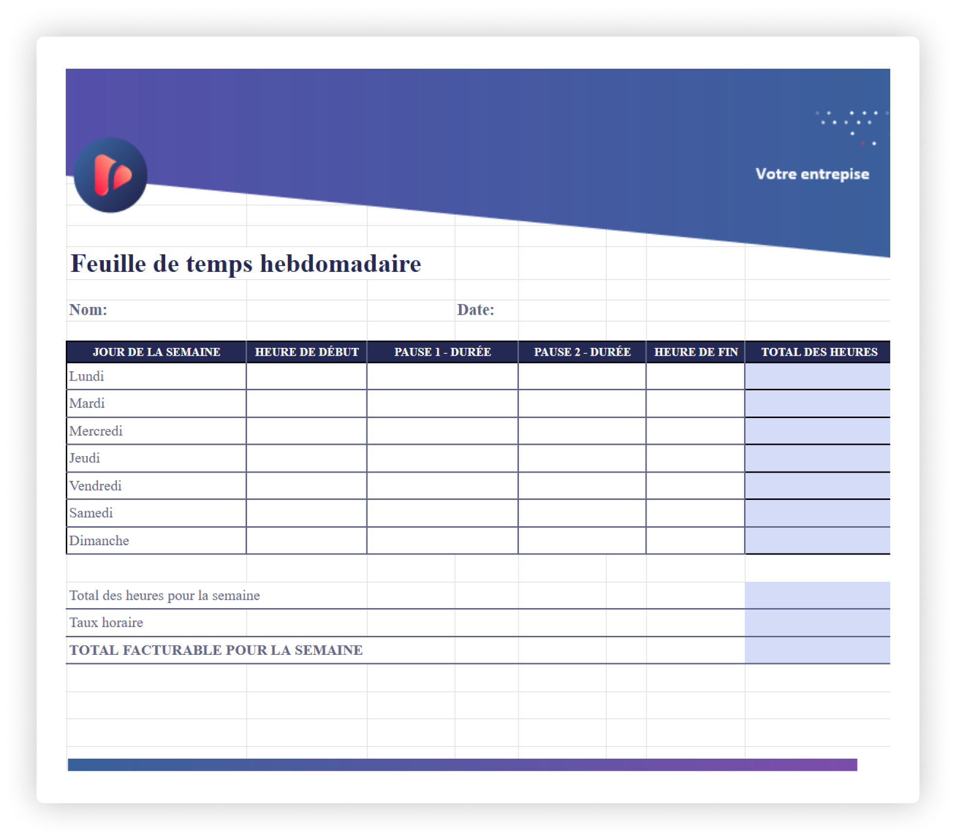 Feuille d'Heure Vierge à Imprimer ou à Télécharger (Gratuite)