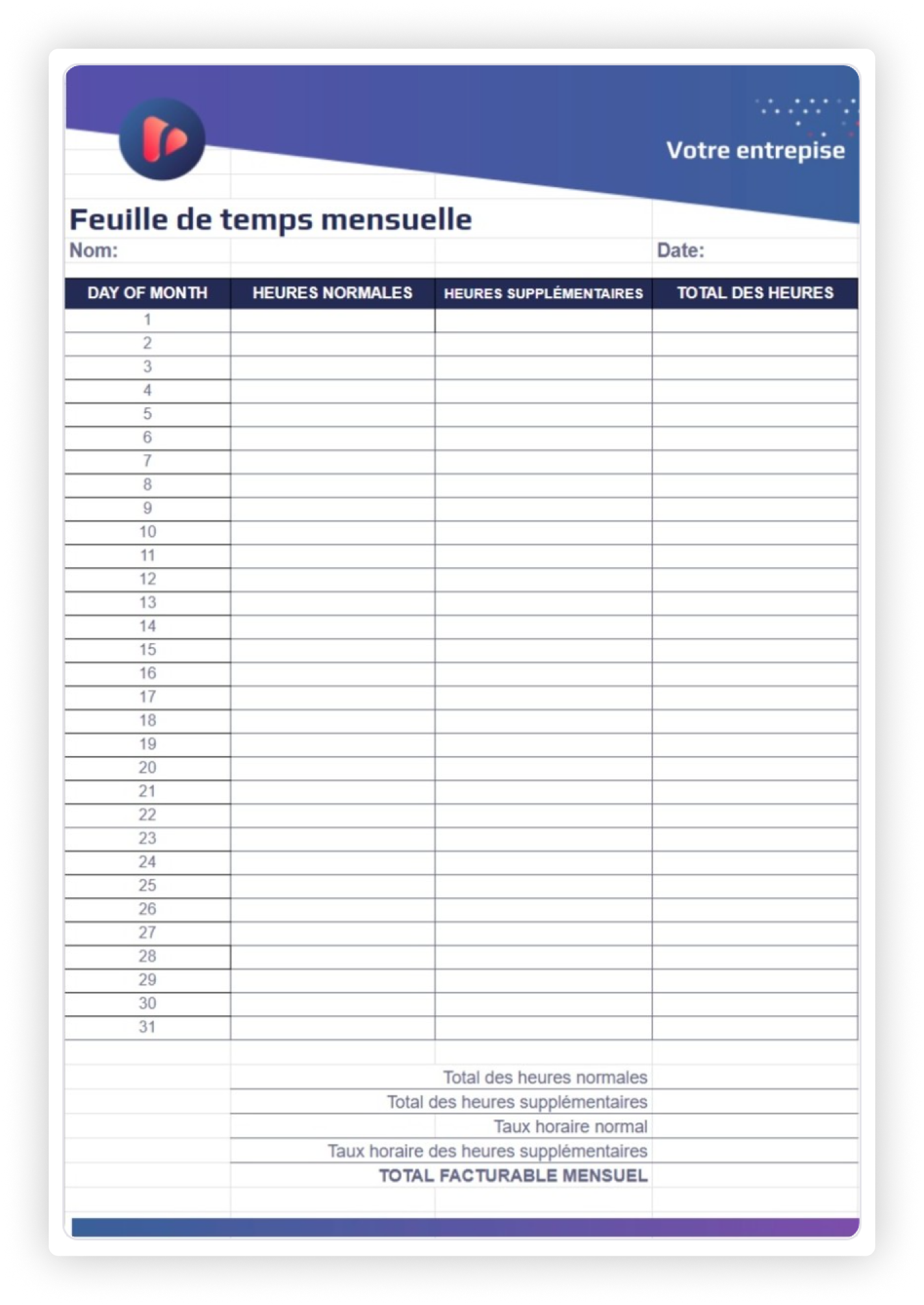 Feuille d'Heure Vierge à Imprimer ou à Télécharger (Gratuite)