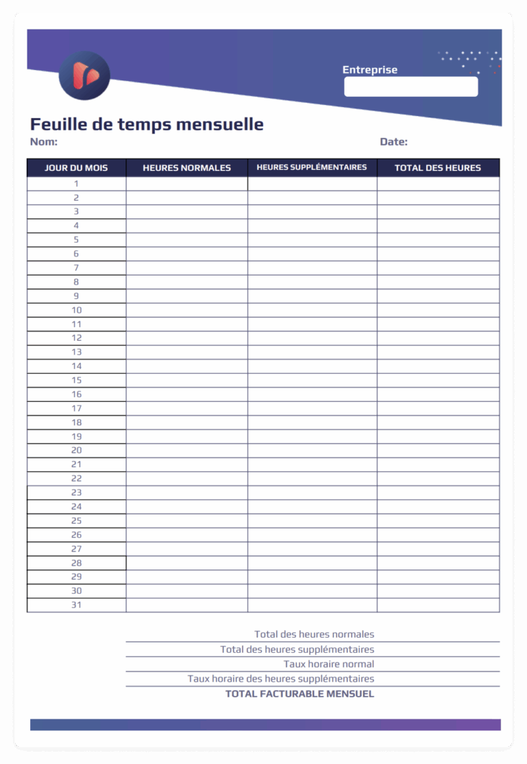 Feuille d'Heure Vierge à Imprimer ou à Télécharger (Gratuite)